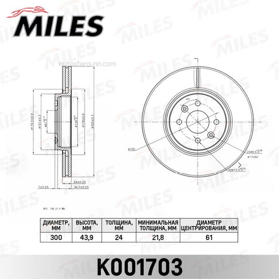 MILES K001703 Диск тормозной RENAULT SCENIC II/GRAND SCENIC II 1.5-2.0 03- пер. вент. D 300мм