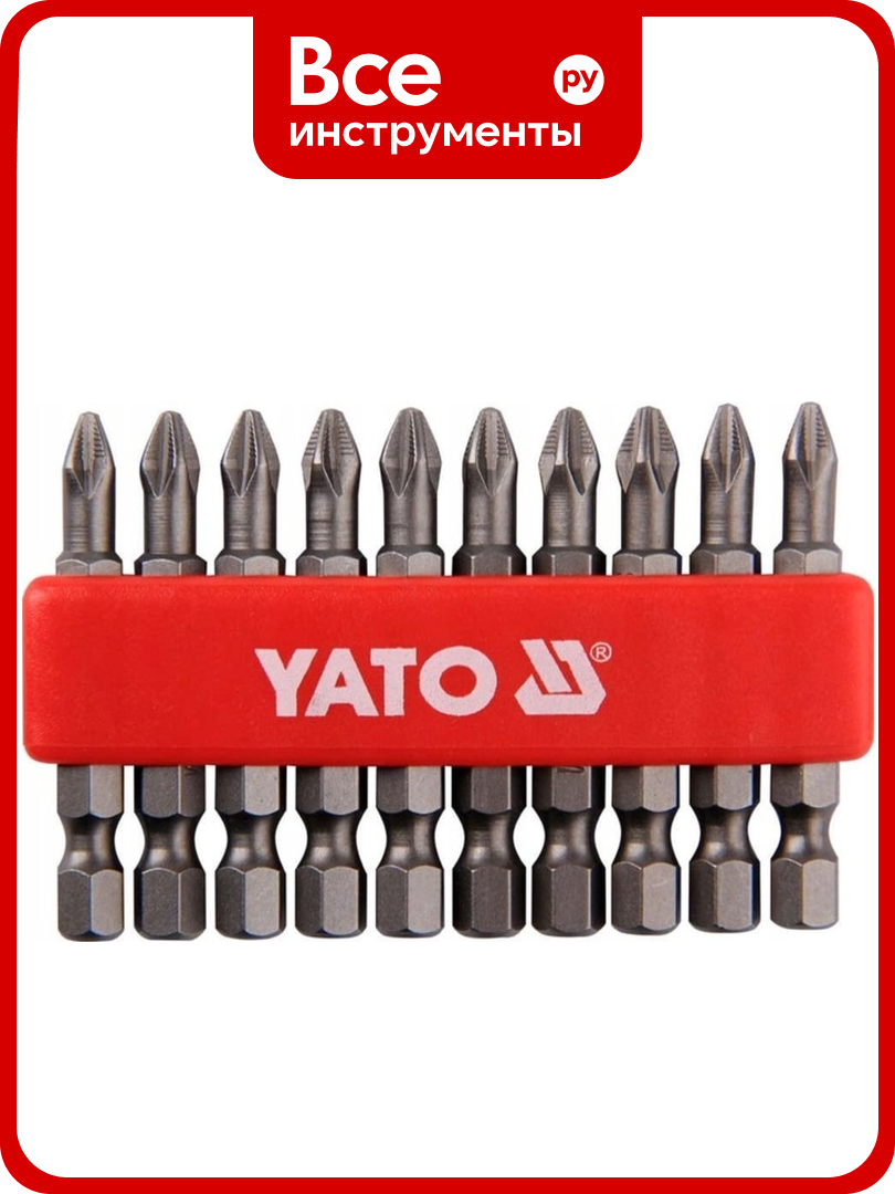 Бита крестовая YATO PH2 1/4, односторонняя, сталь S2, комплект 10 шт, предназначена для шуруповерта, длина