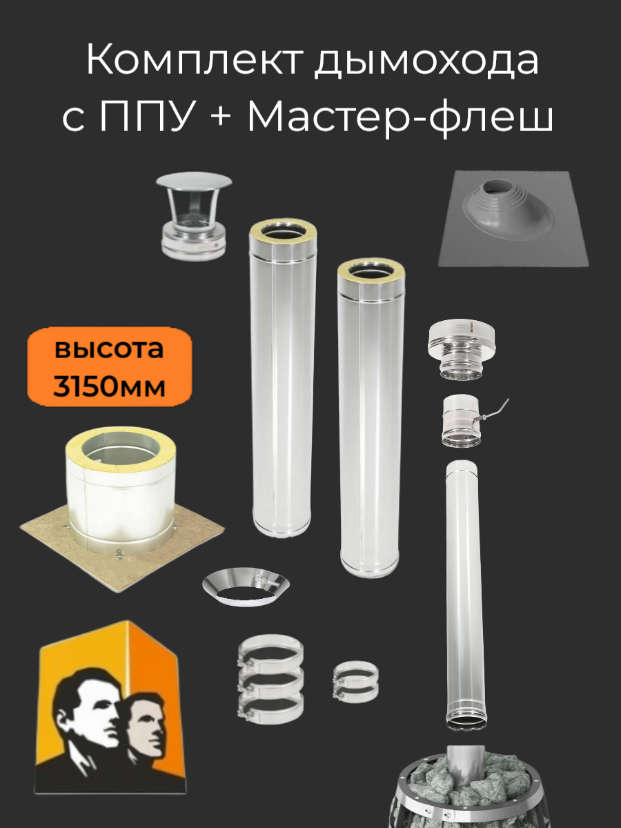 Комплект дымохода Ф115/200 сэндвич прямой нержавейка полный набор, 3м