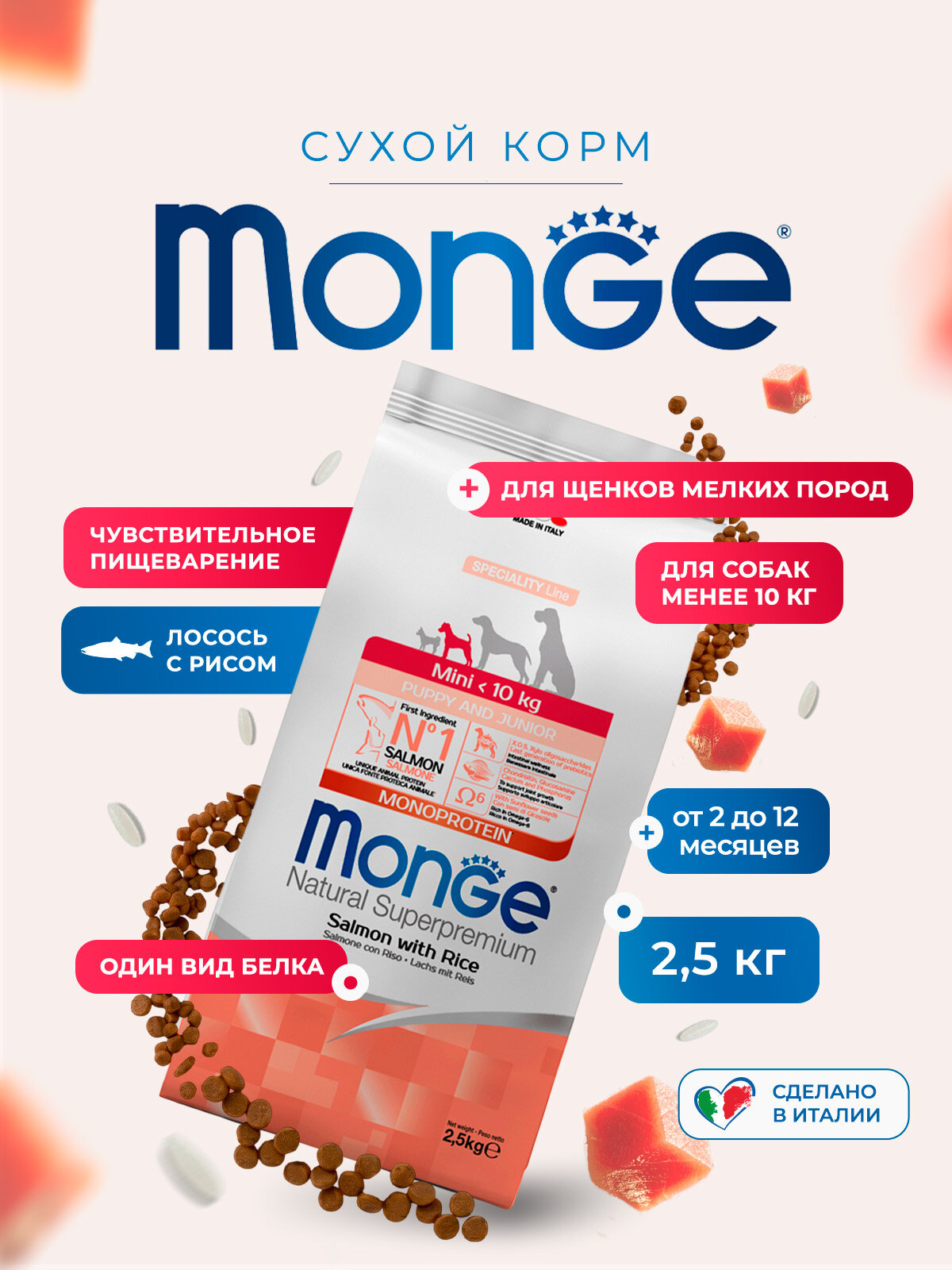 Сухой корм для щенков мелких пород Monge Dog Speciality Line Monoprotein , из лосося с рисом 2,5 кг