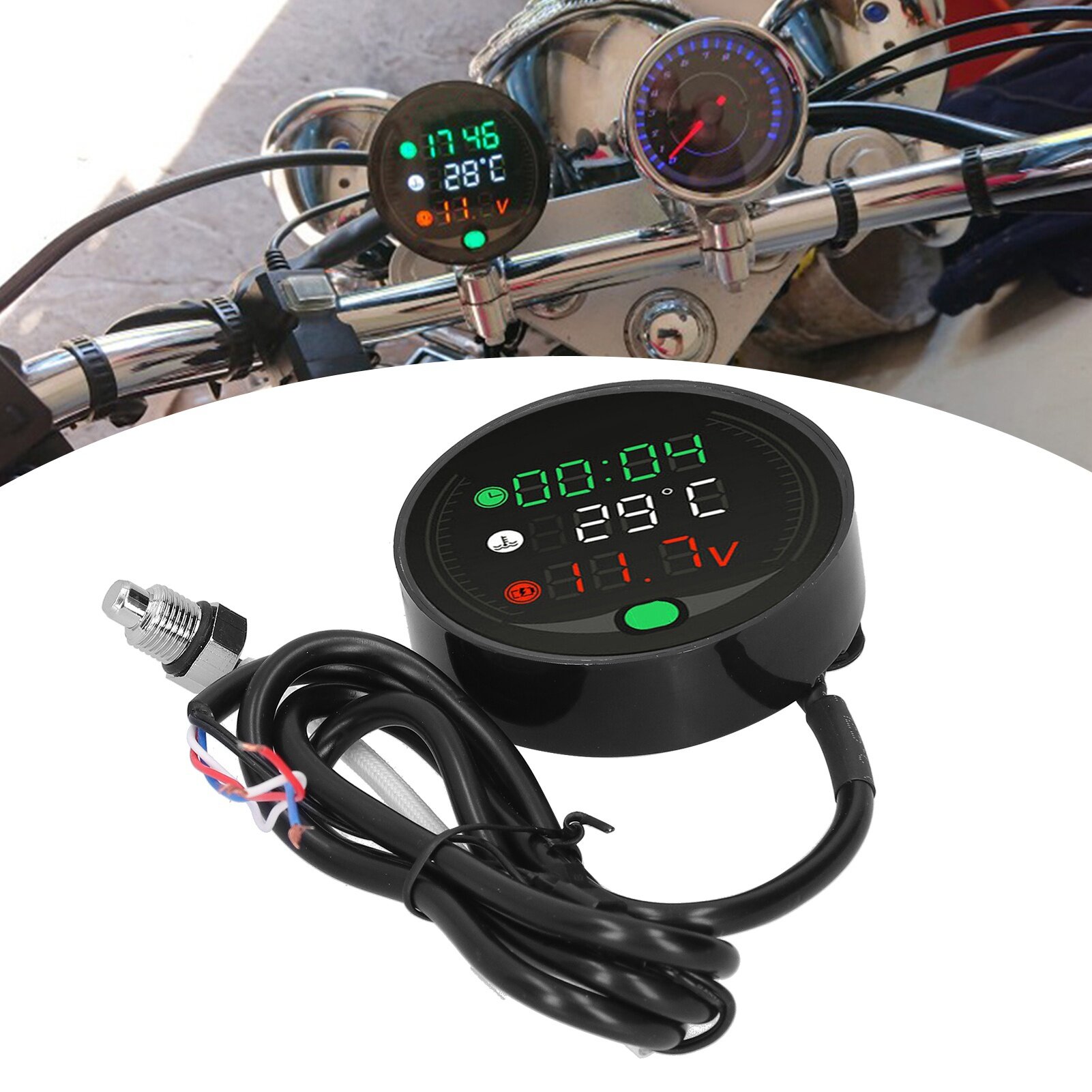 Цифровой вольтметр для мотоцикла с LED дисплеем, 9-24V, с USB зарядкой, для измерения температуры воды и вольтажа