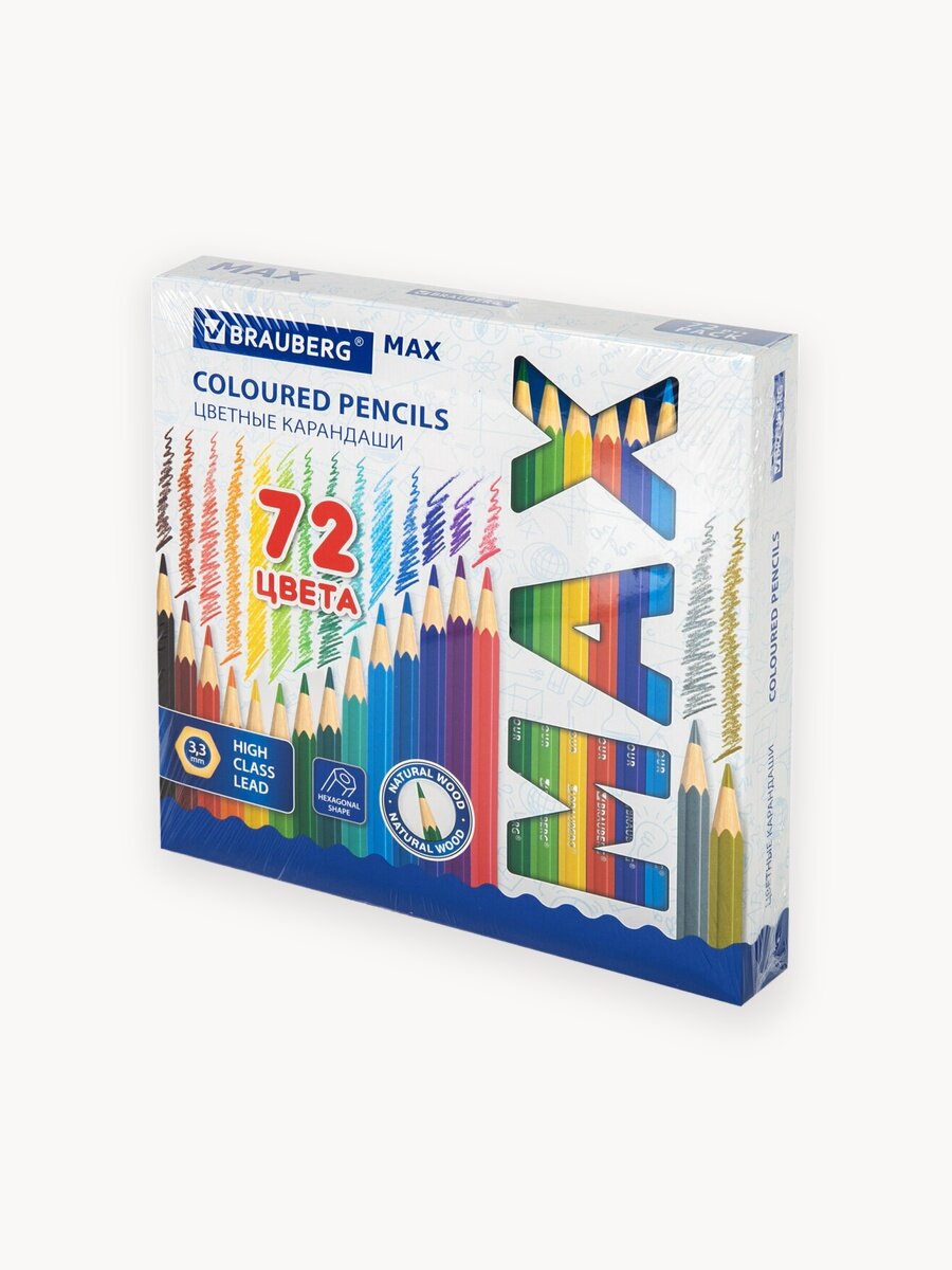 Карандаши деревянные цветные для рисования супермягкие яркие Brauberg Max, 72 цвета, шестигранные, грифель 3,3 мм, натуральное дерево, 181861