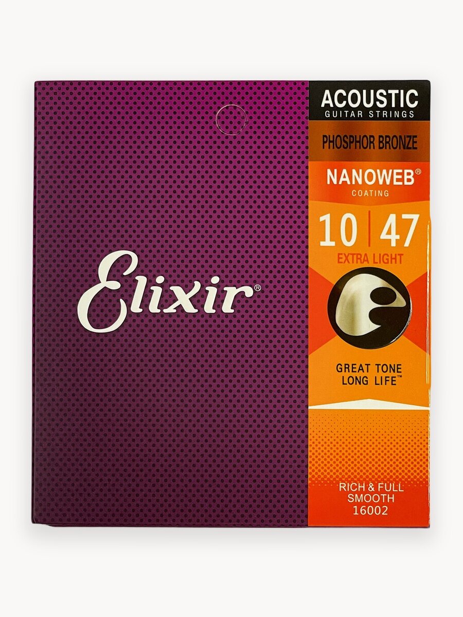 Струны для акустической гитары Elixir Phosphor Bronze Nanoweb Extra Light 16002, 6 металлических струн, 10-47