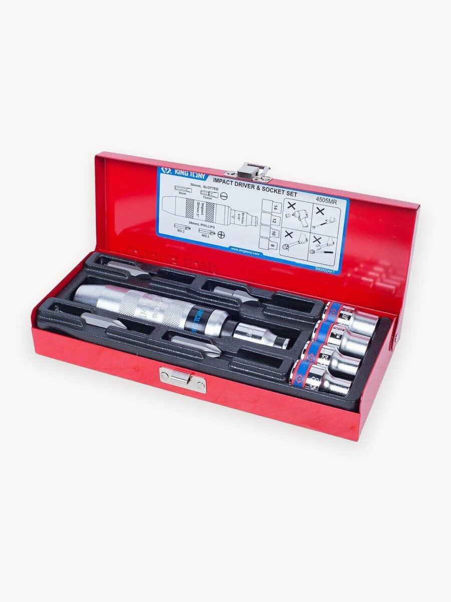 Отвертка ударная с принадлежностями 5/16", 10 предметов KING TONY 4505MR