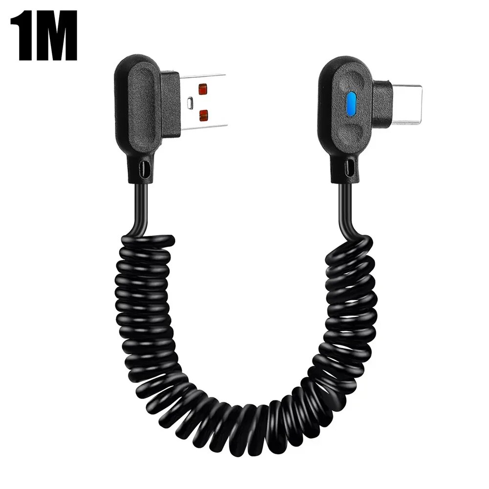 Черный Спиральный USB-кабель A-Type C, 6А, Быстрая Зарядка, Автомобильное Зарядное Устройство 1M