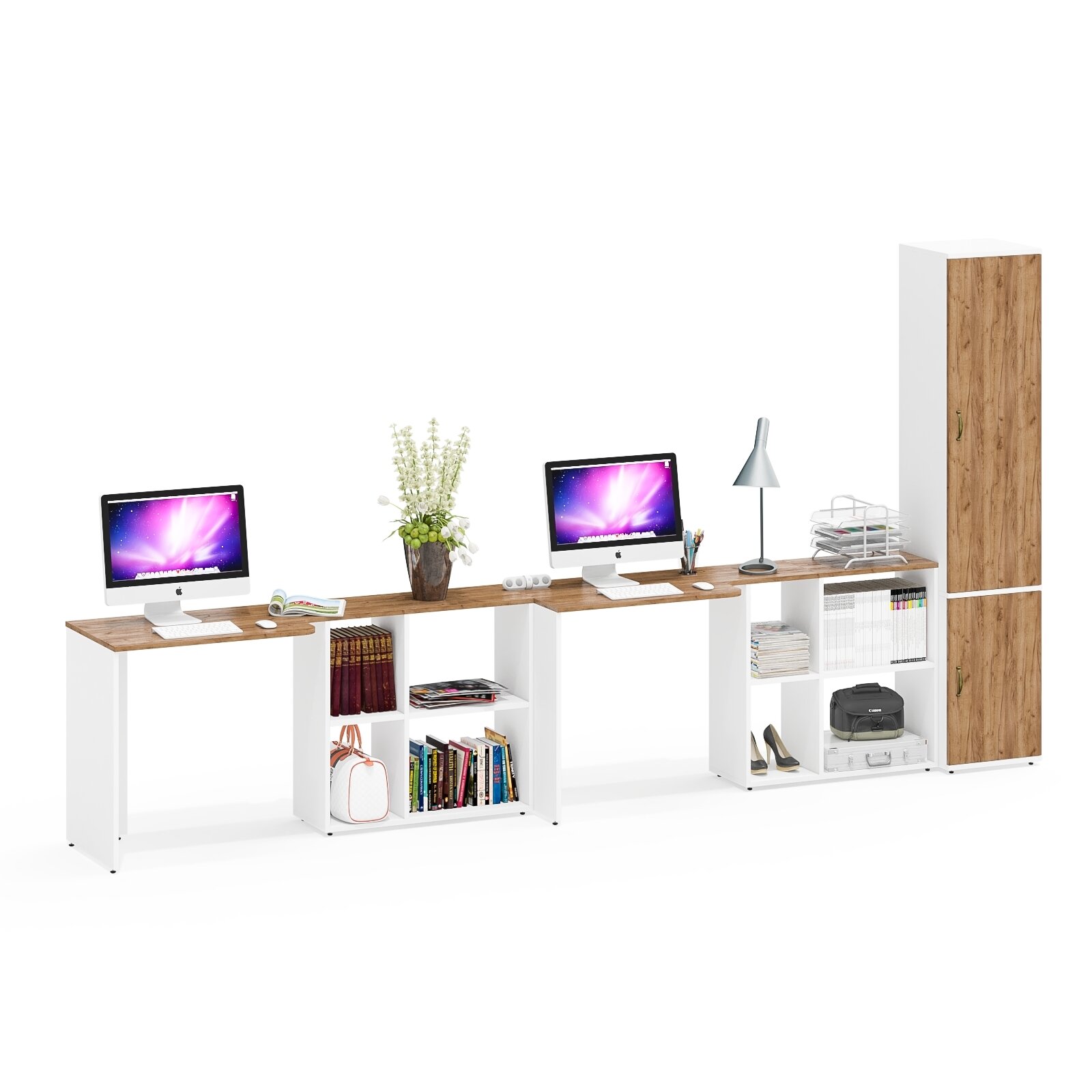 Лидер-8 два стола-трансформера и пенал для учебников и книг, белый/крафт золото, 230х120х190 см.