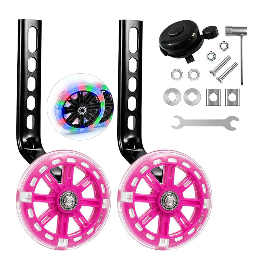 Колеса для обучения на велосипеде с тихими мигающими колесами и регулируемым стабилизатором, совместимыми с односкоростными велосипедами размером от 12 до 20 дюймов.