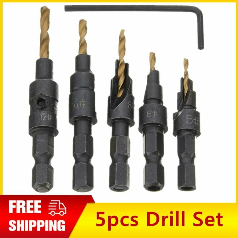 Набор из 5 сверл с потайной головкой и титановым покрытием, шестигранный хвостовик 1/4 дюйма, быстрая замена, деревообработка