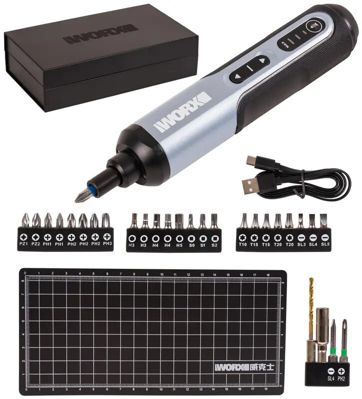 Отвертка аккумуляторная Worx WX240.1, 4 В Li-Ion 1.5 Ач, с набором бит 26 шт.