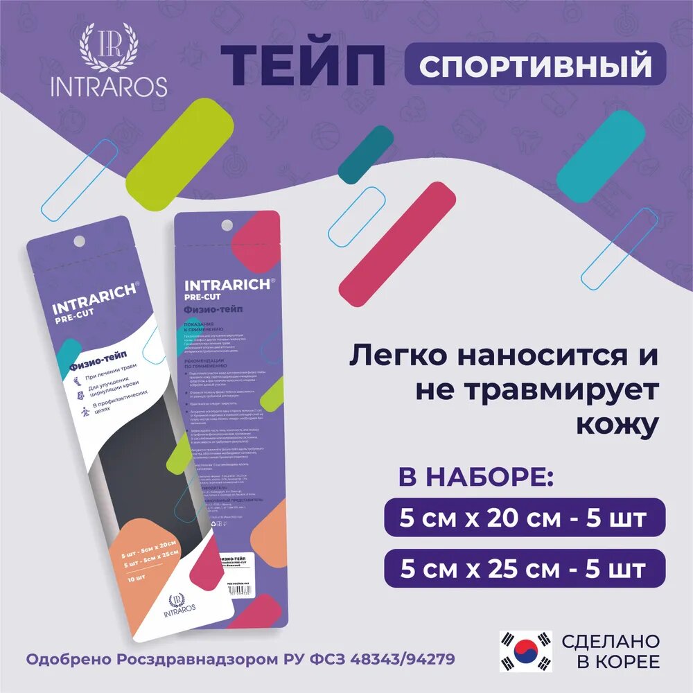 Тейп спортивный INTRARICH PRE-CUT (преднарезанный), набор 10 шт, черный