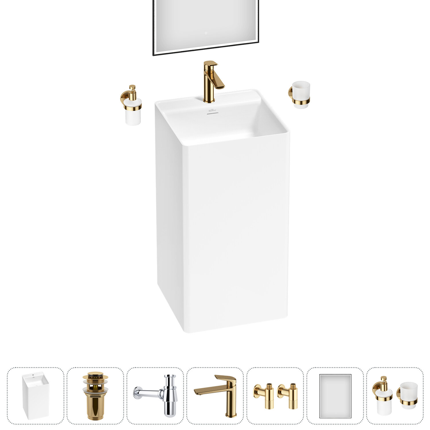 Квадратная напольная раковина для ванной Wellsee Pure BY Wellsee 20220211R в наборе 7 в 1: напольная отдельностоящая раковина моноблок в цвете матовый белый, донный клапан, сифон, смеситель, вентили, зеркало, аксессуары (цвет золото)