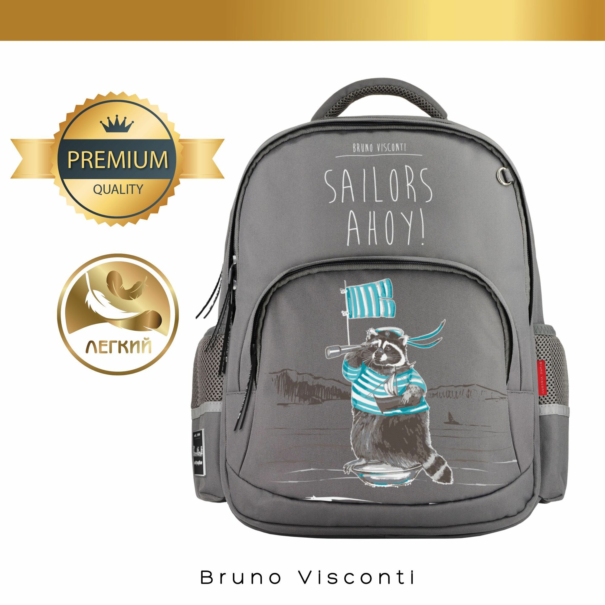 Рюкзак школьный классический для мальчика Bruno Visconti "жизнь енота", серый, с эргономичной спинкой арт.12-002-220/05