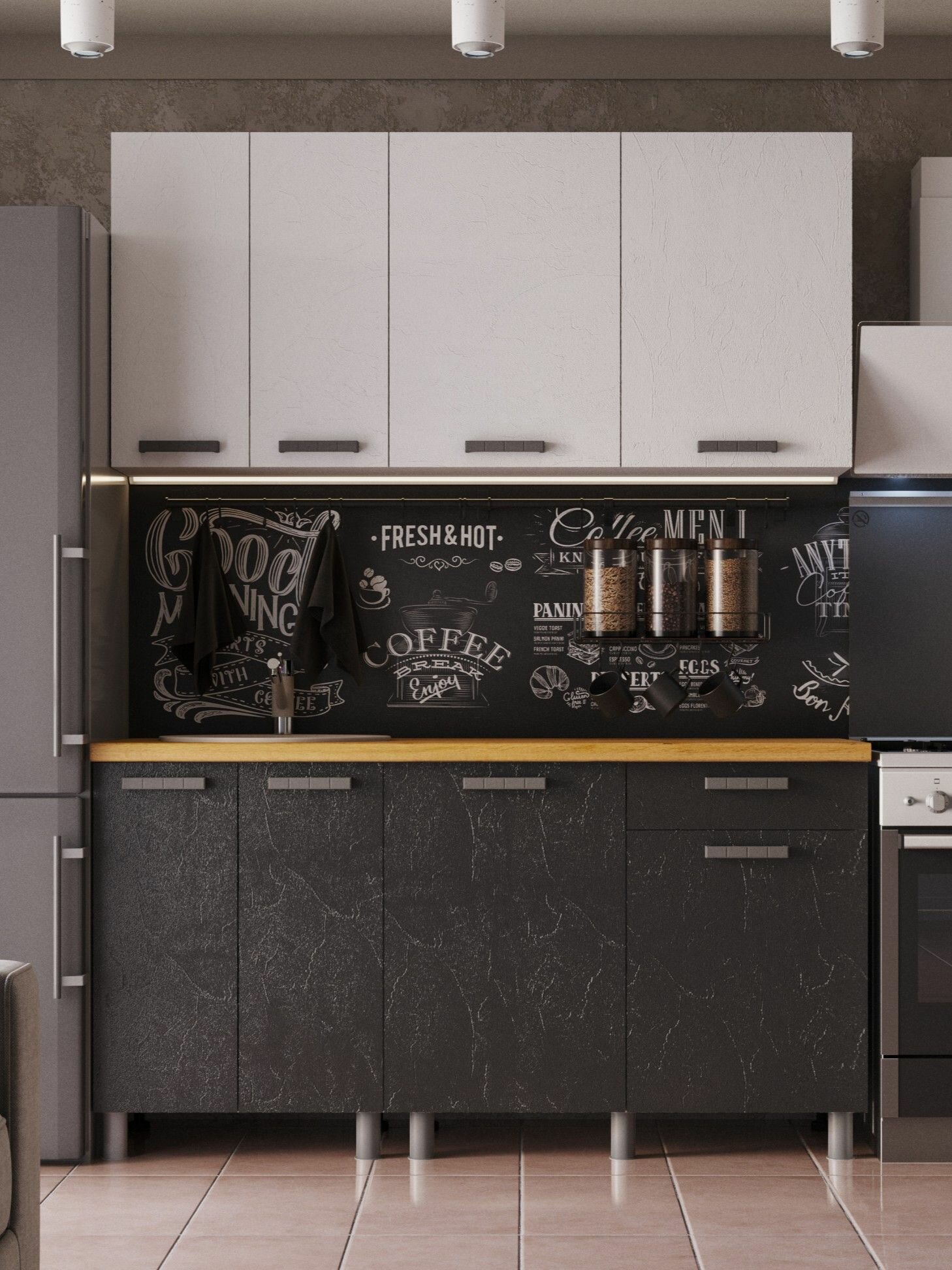 Кухонный гарнитур Григгс МДФ 1,6м камень светлый/камень темный со столешницей