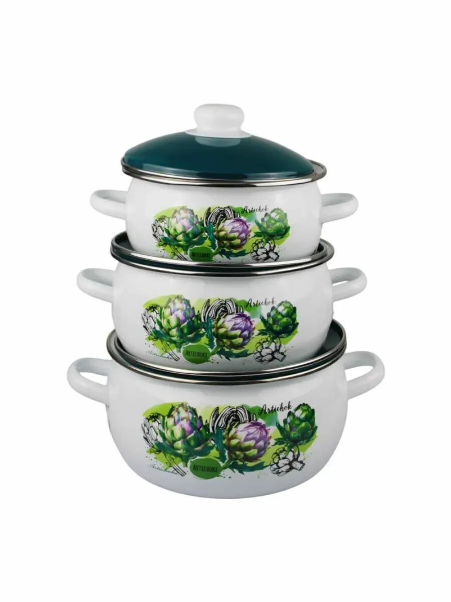 Набор кастрюль с крышкой для индукционных плит 3пр Appetite Артишок 10-327/6, 2л,3л,4л, эмалированная сталь