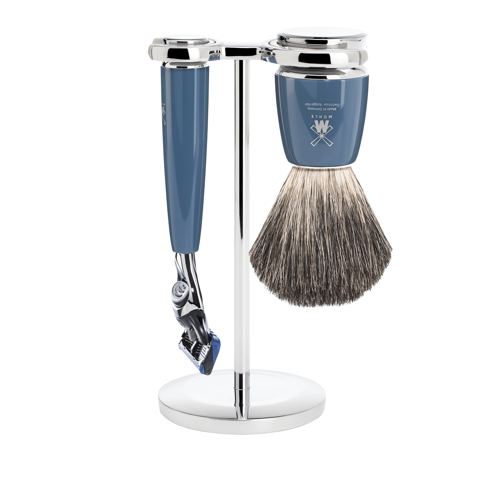 Бритвенный набор MUEHLE RYTMO (бритва Fusion, помазок, подставка), натуральный барсучий ворс, темно-бирюзовая смола