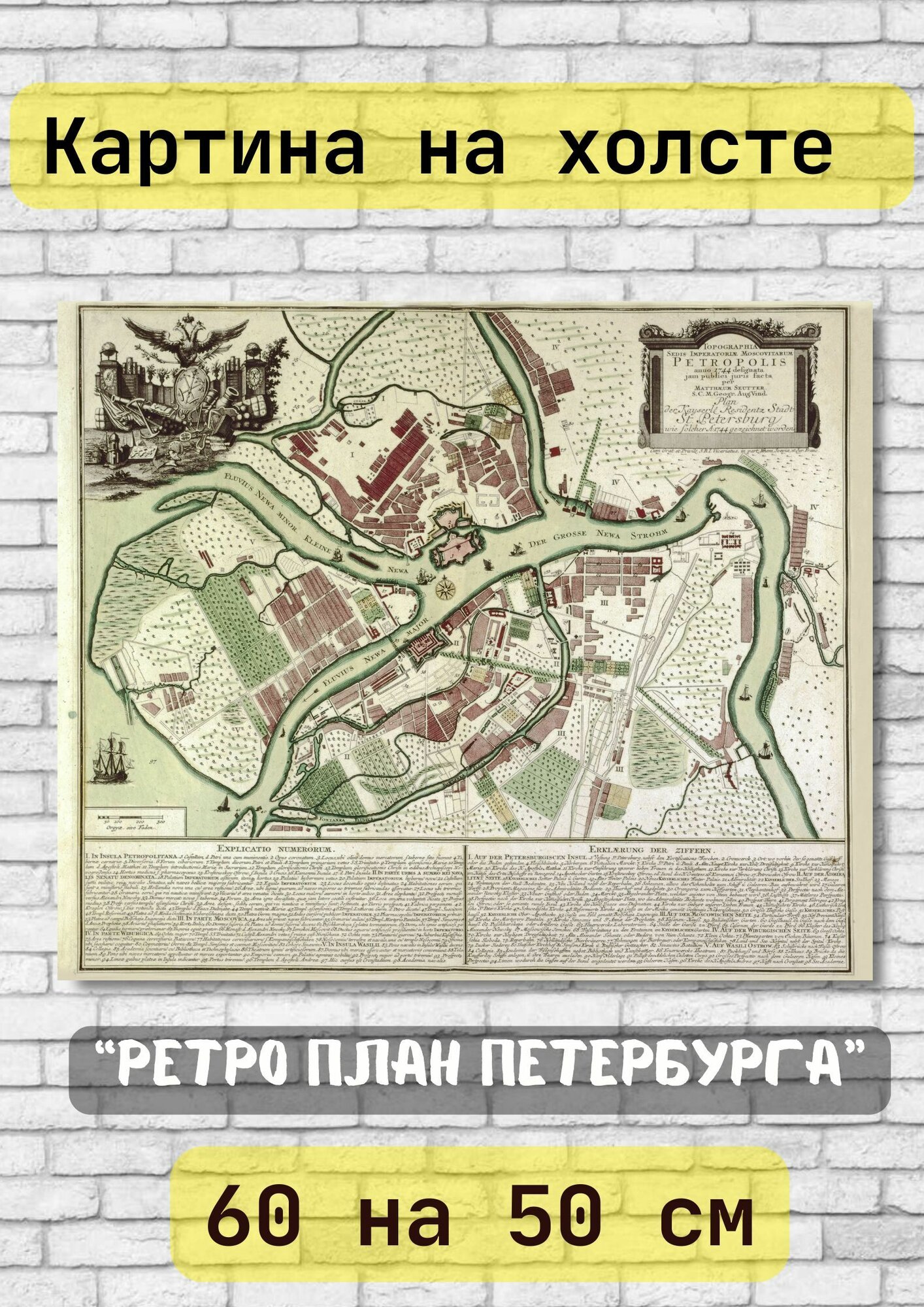 Картина с планом Русского города "Старая карта Петербурга 1744 года" 60х50 холст