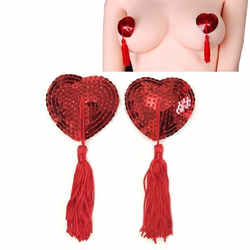 Пэстисы в форме сердца с кисточками, наклейки на соски блестящие, красные