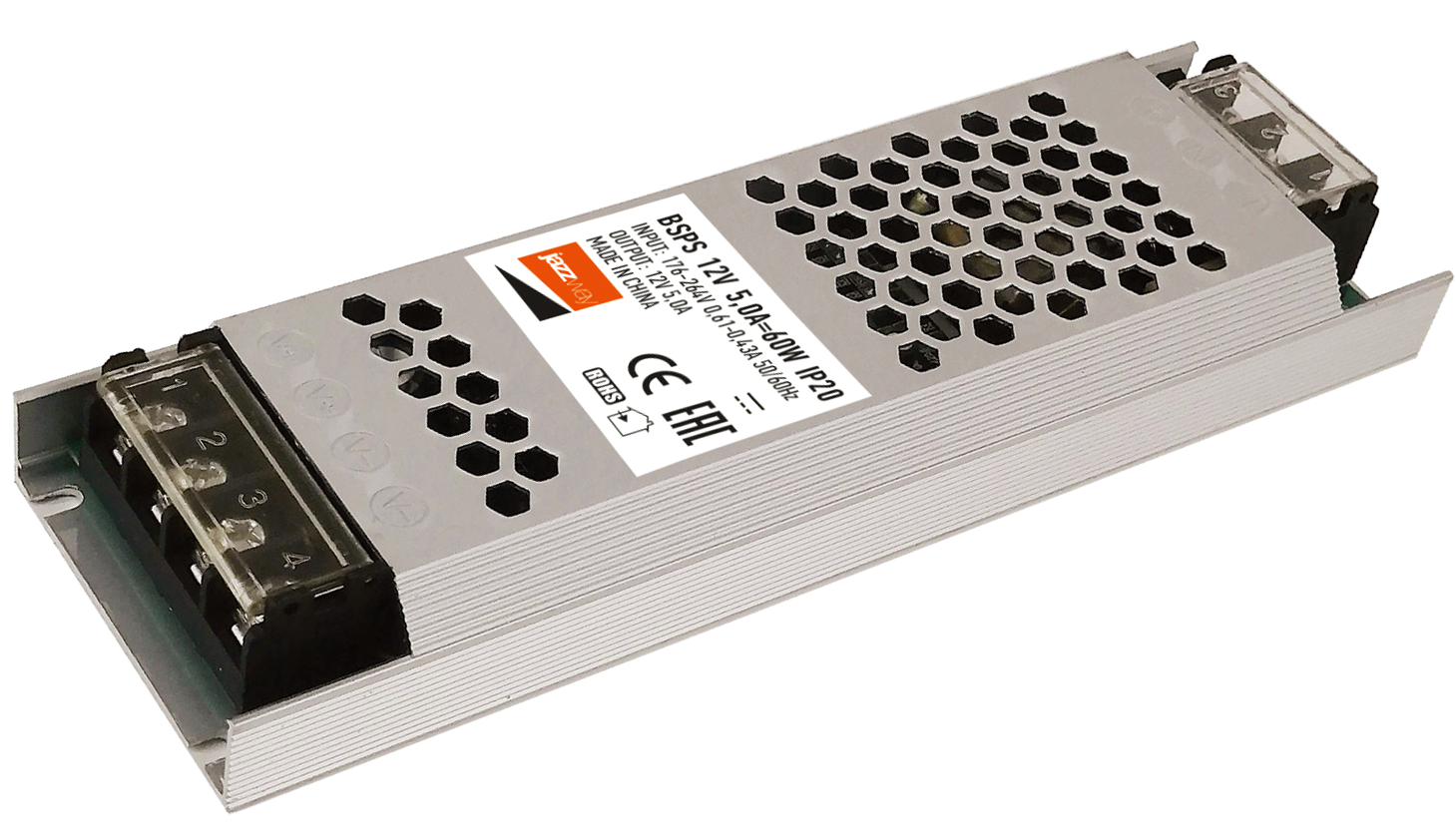 Драйвер Jazzway / Джазвэй BSPS для светодиодной ленты в металлическом корпусе серый, 170х53х19мм, 60Вт, 12V, IP20 / блок питания