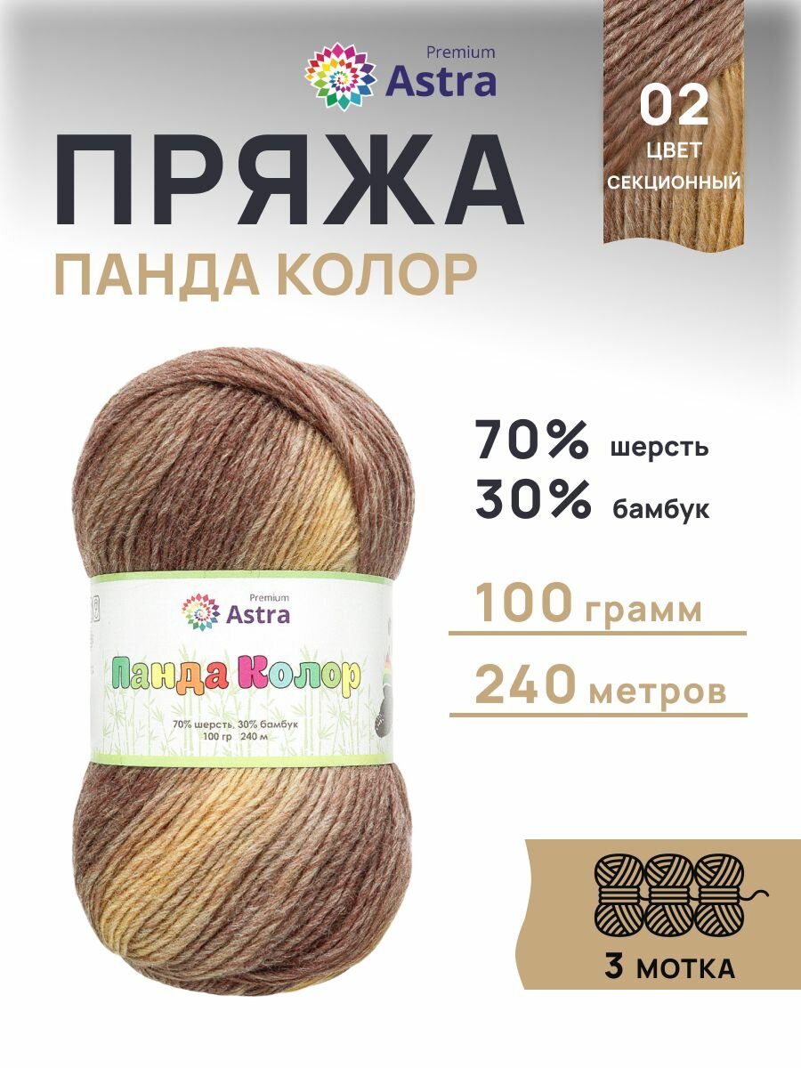 Пряжа для вязания Astra Premium 'Панда Колор' 100г, 240м (70% шерсть, 30% бамбук) (02 секционный), 3 мотка