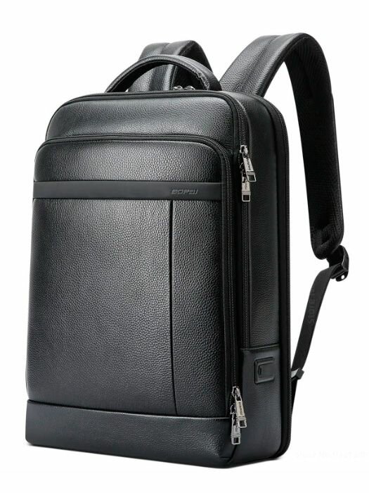 Рюкзак мужской городской дорожный Bopai First Layer Cowhide вместительный 21л, для ноутбука 15.6", с USB портом, черный, влагостойкий, из натуральной кожи, молодежный