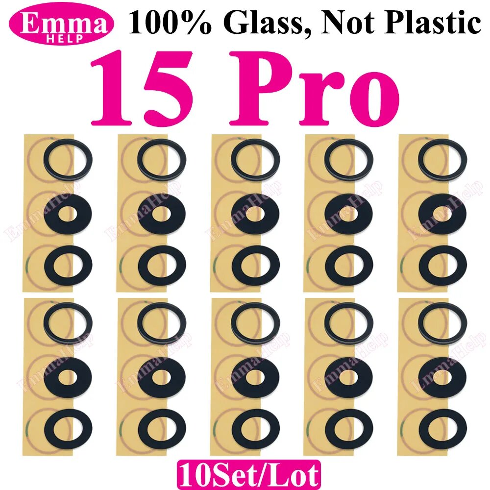 10 комплектов стеклянных линз для камеры iPhone 16 15 Plus 14 13 11 ProMax 12 Mini, задняя крышка камеры, объектив с наклейкой, клейкий ремонт 10Set 15Pro