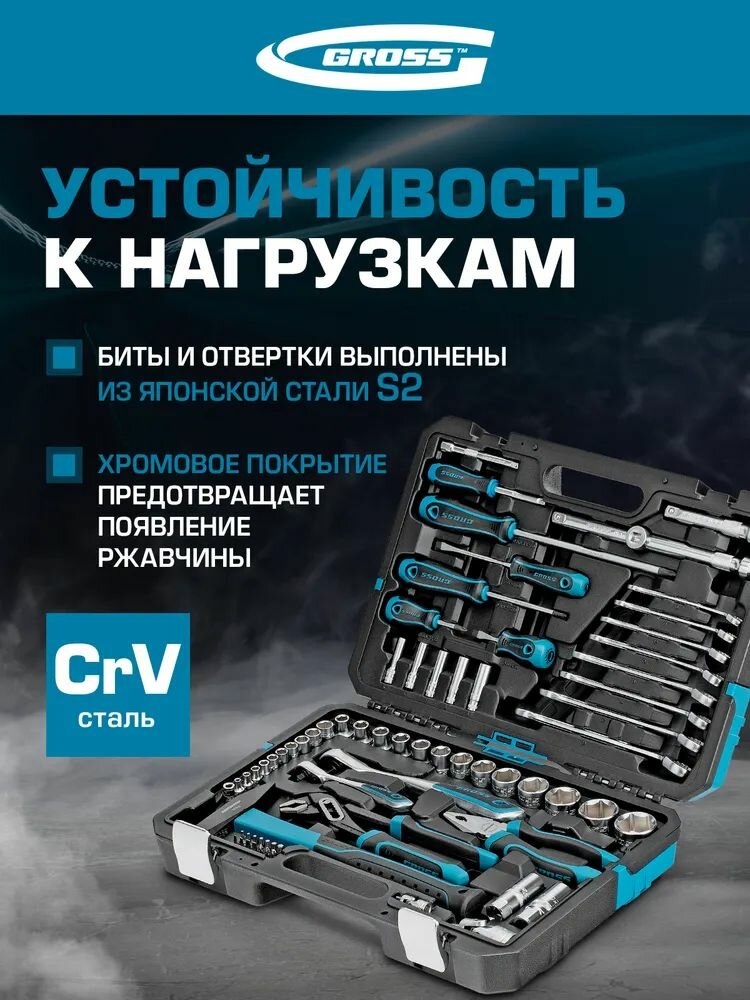 Набор инструментов GROSS 76 предметов, 120 зубьев, CrV1/4, 1/2", в кейсе, 14156