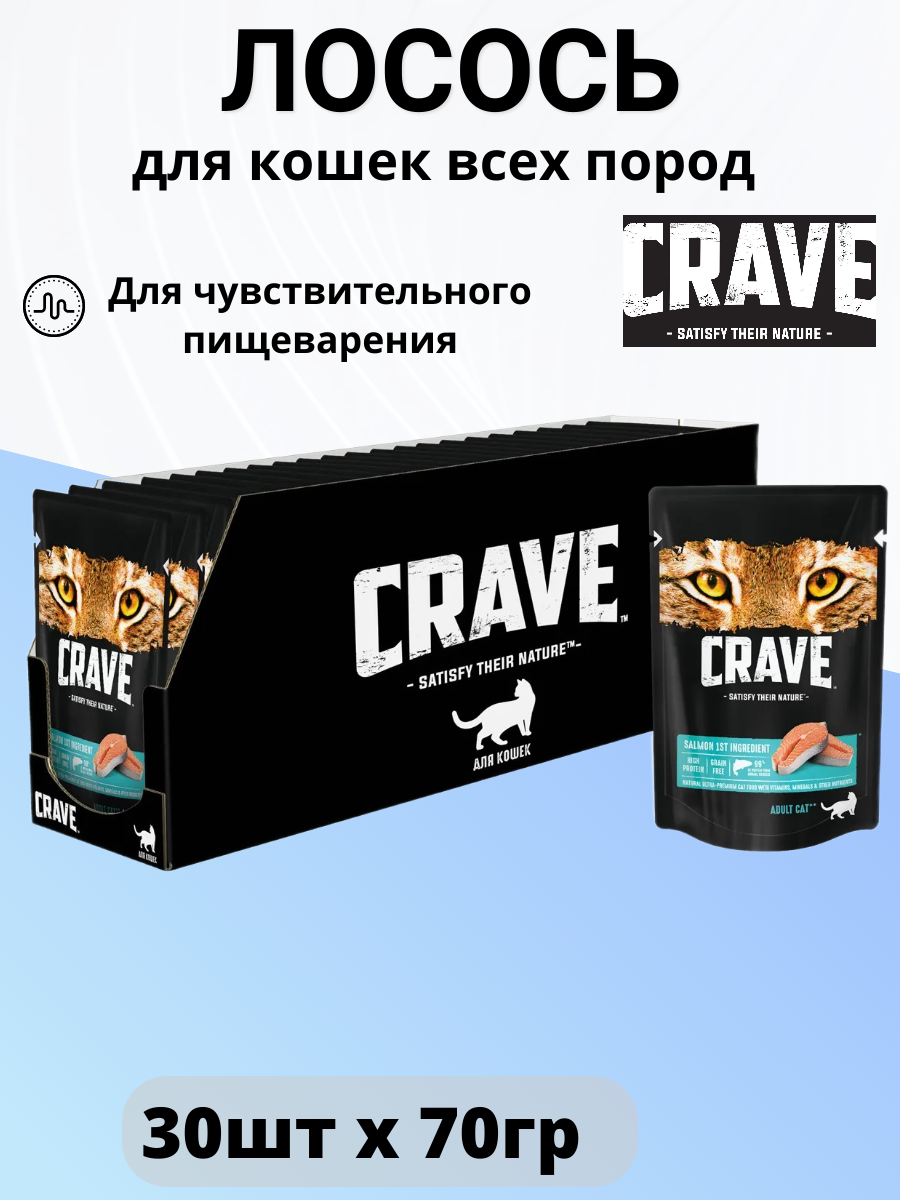 CRAVE Корм консервированный для взрослых кошек Лосось (пауч) 30х70г