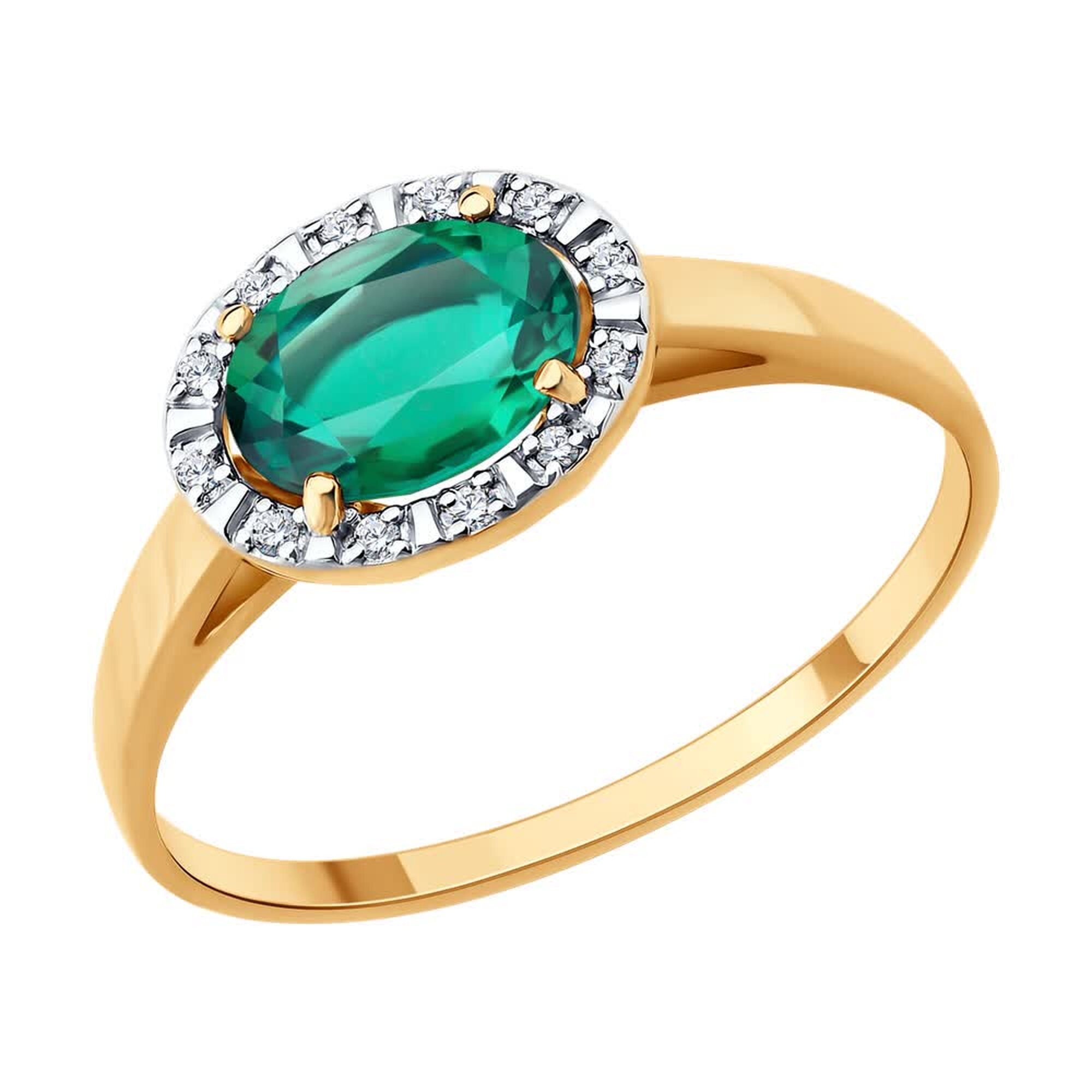 Кольцо, красное золото, 585 проба, бриллиант, изумруд синтетический