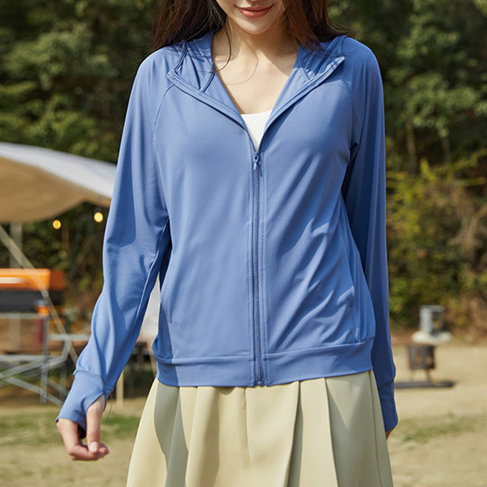 Мужская легкая куртка с капюшоном на молнии UPF 50+, солнцезащитная куртка с длинными рукавами для рыбалки, пешего туризма, уличного синего цвета, L