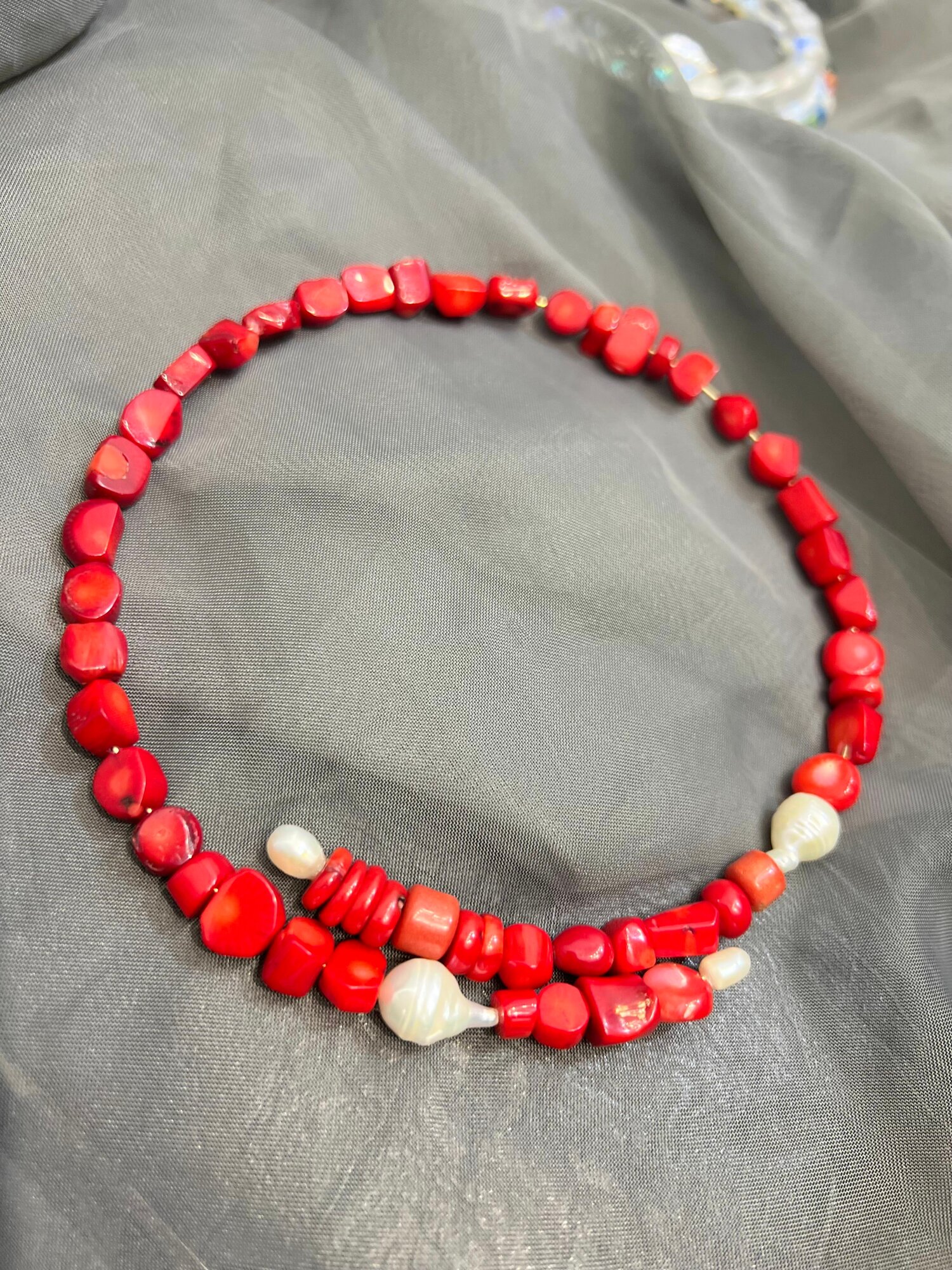 Чокер, коралл, жемчуг культивированный