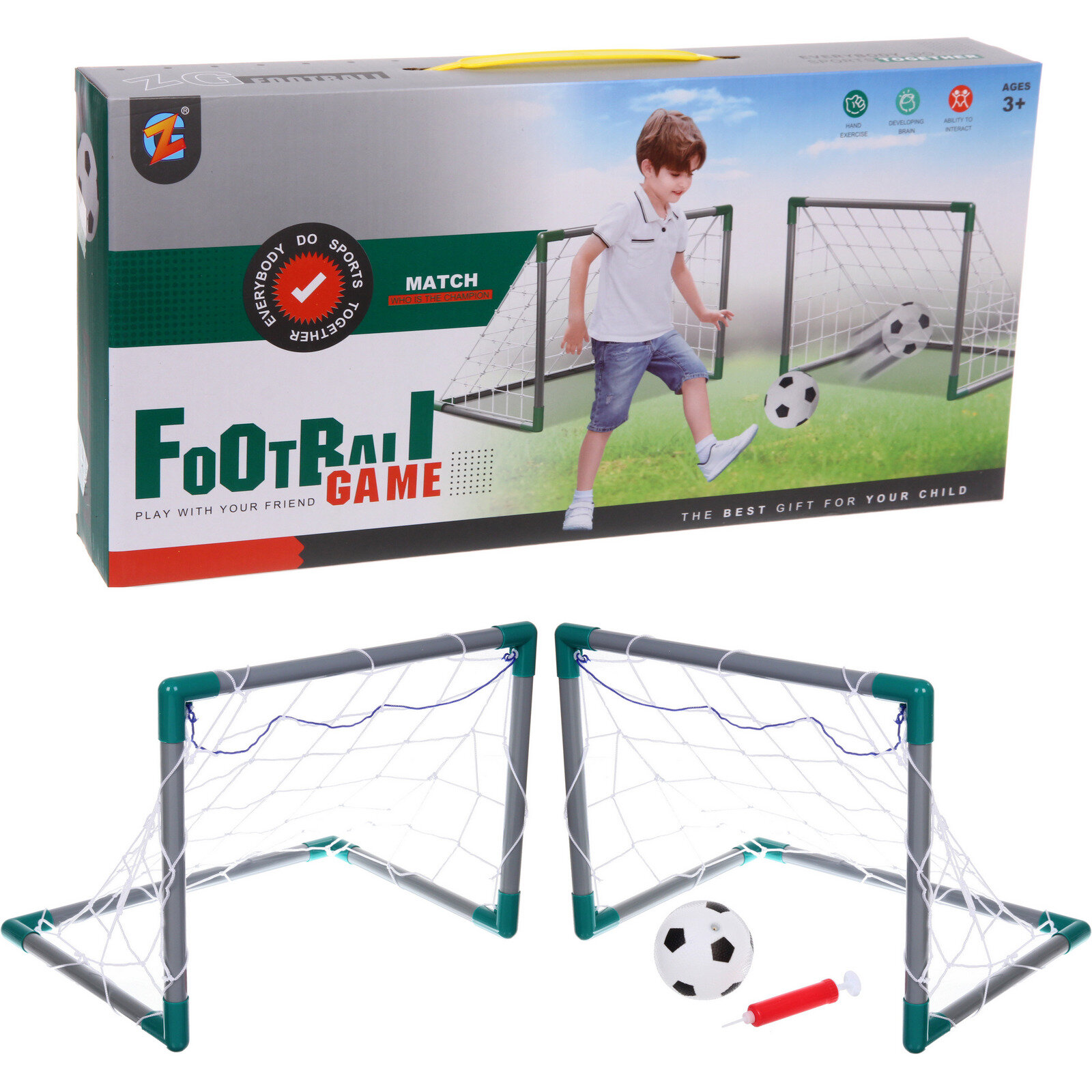 Набор тренировочный для футбола ZG270-229: ворота 47*36,5*36,5 см 2 шт, мяч 10 см, насос