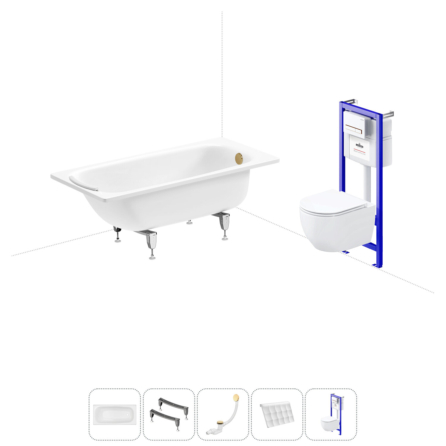 Стальная ванна 150х70 Sanitana BLB Universal 20220824R в наборе 5 в 1: металлическая ванна 150 х 70 см с шумоизоляцией, ножки, слив-перелив, подголовник, инсталляция с унитазом