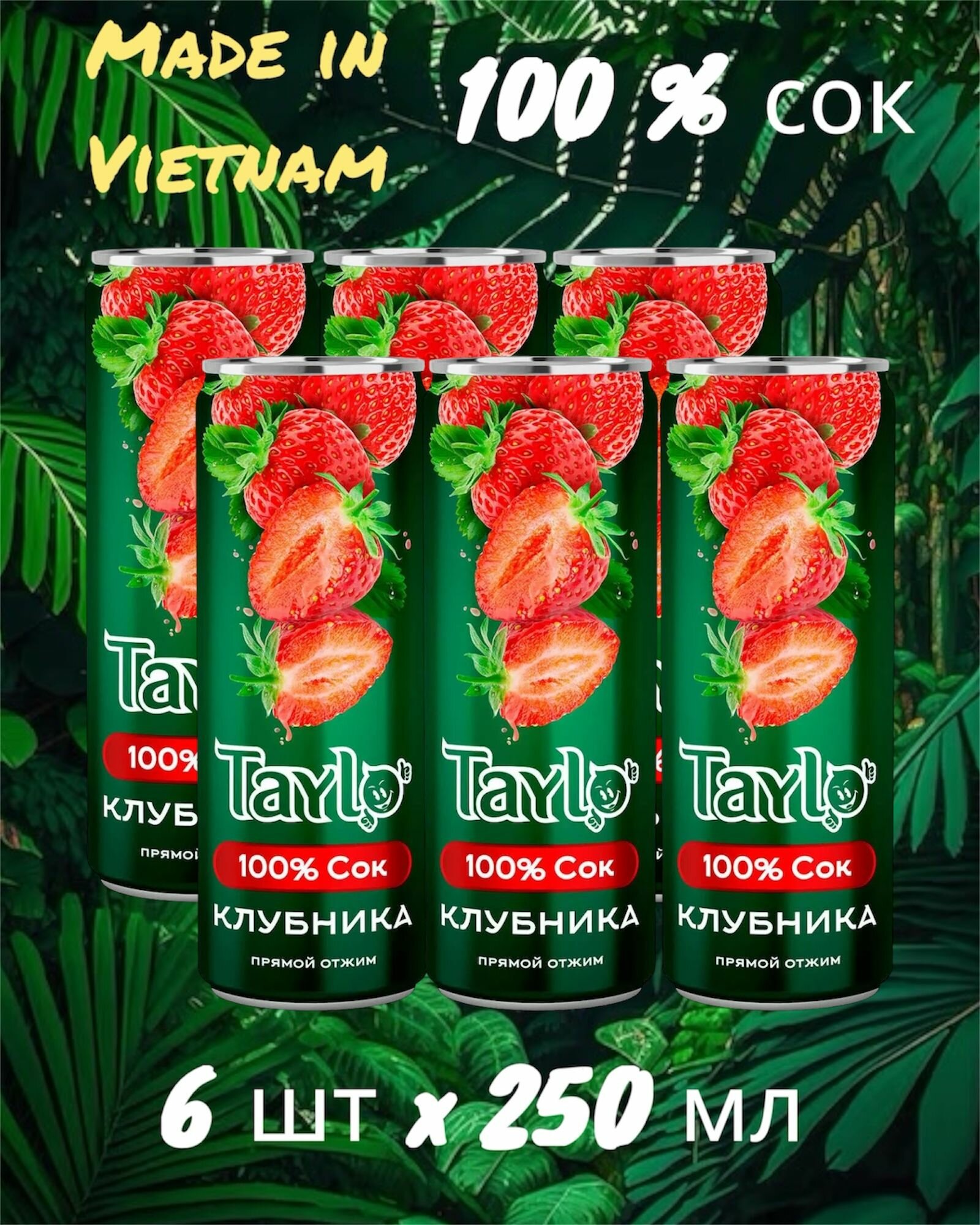 Сок клубника 100% прямого отжима TAYLO Тайло, 6 шт по 250 мл, Вьетнам
