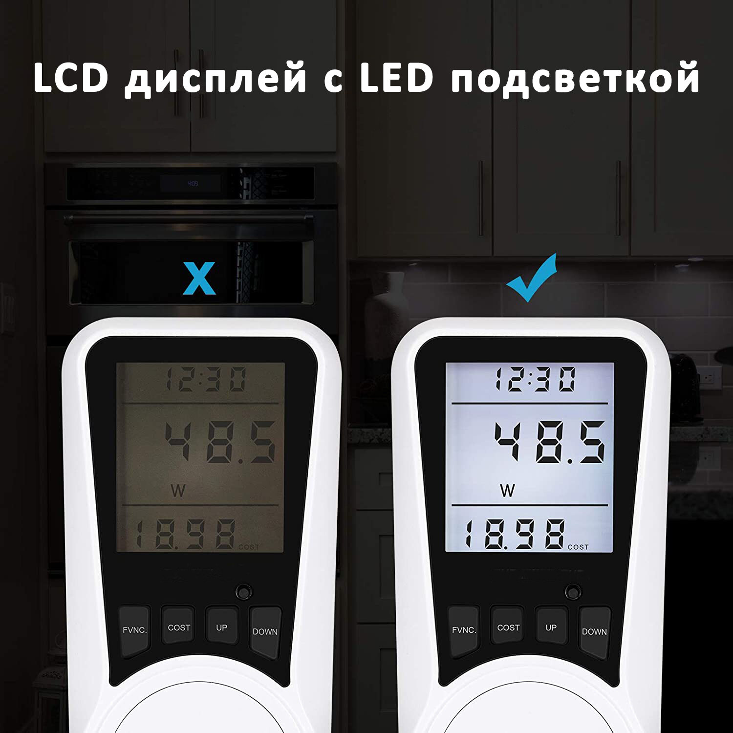 Ваттметр бытовой в розетку с подсветкой, цифровой измеритель мощности / счётчик электроэнергии, амперметр-вольтметр