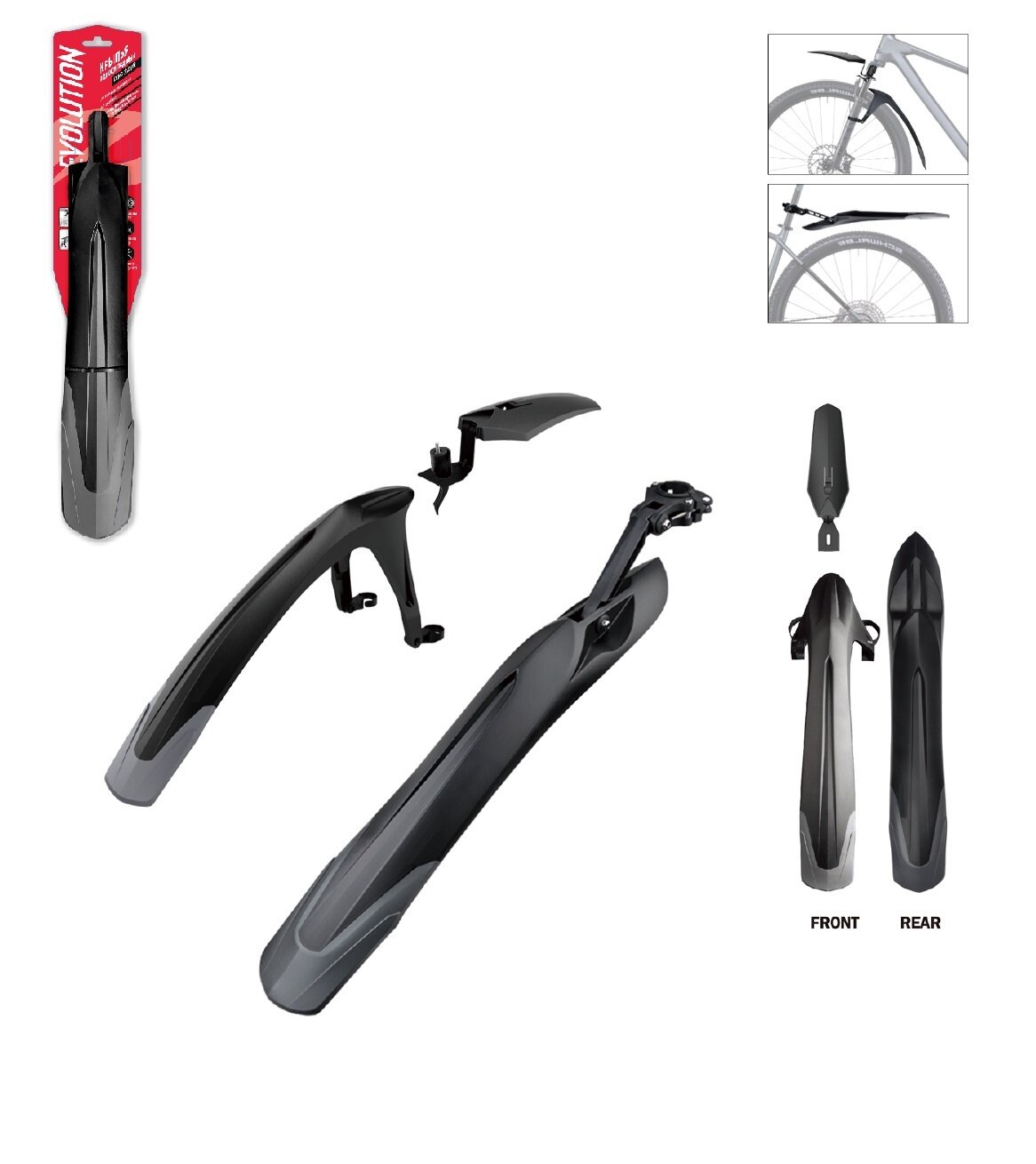 Крылья EVOLUTION MTB 24-29", к-т пер./зад, креп: пер. двус. на шт. и в шток вилки, задн. за подсед. шт