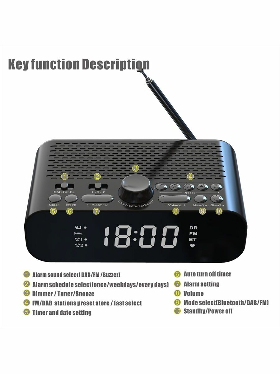 Цифровое радио-часы DAB/FM с потоковой передачей данных по BT, большой светодиодный дисплей, двойной будильник, аккумуляторная батарея, динамик Hi-Fi с низкочастотным динамиком