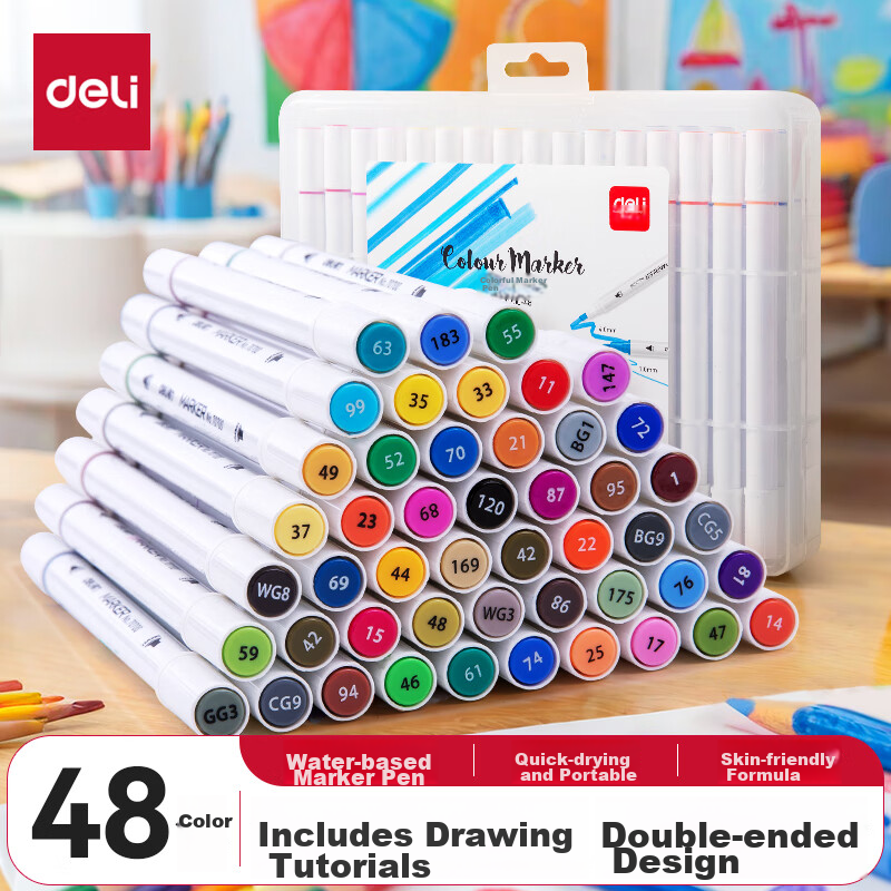 Deli 48-Color Dual-Tip Fine Alcohol-Solvent Quick-Drying Marker Set, Watercolor Pens, Drawing Pens, Comic Pens, Drawing Markers, Highlighters, Father's Day, 70700-48 Art Sketching