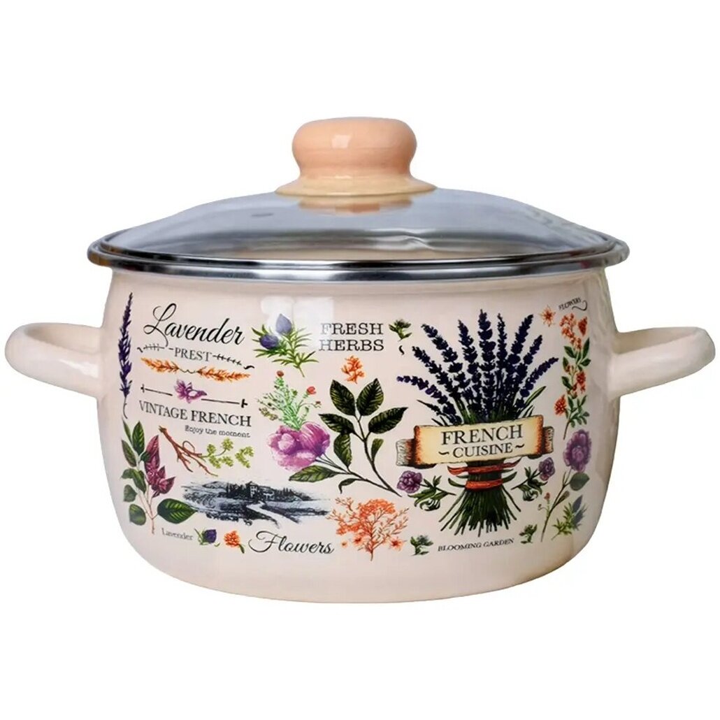 Кастрюля эмалированная "Эдем" 4л, стальная, сферическая, со стеклянной крышкой