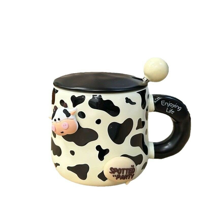 Милая керамическая кружка в виде коровы с крышкой и надписью «Наслаждаюсь жизнью» — 350 мл, 8,2 x 9,5 см, забавный дизайн коровы с пятнистым узором