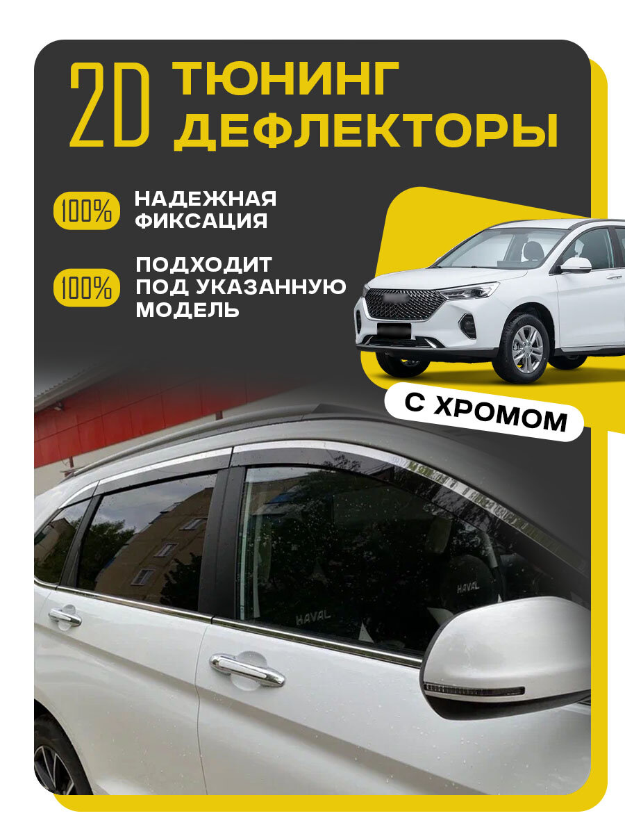 Плоские тюнинг дефлекторы с хромом на Haval M6 (2021-н. в) / 2D ветровики на Хавал М6, 2 поколение. Комплект 6 шт + Хром