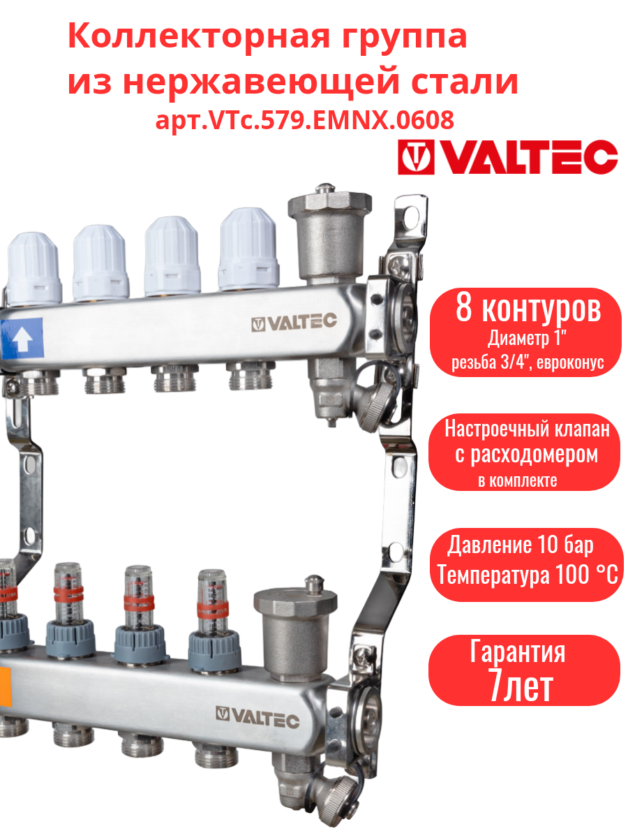 Блок коллекторный 8 выхода х1.0"х3/4" В-В-ЕК с расходомерами нерж VTc.579
