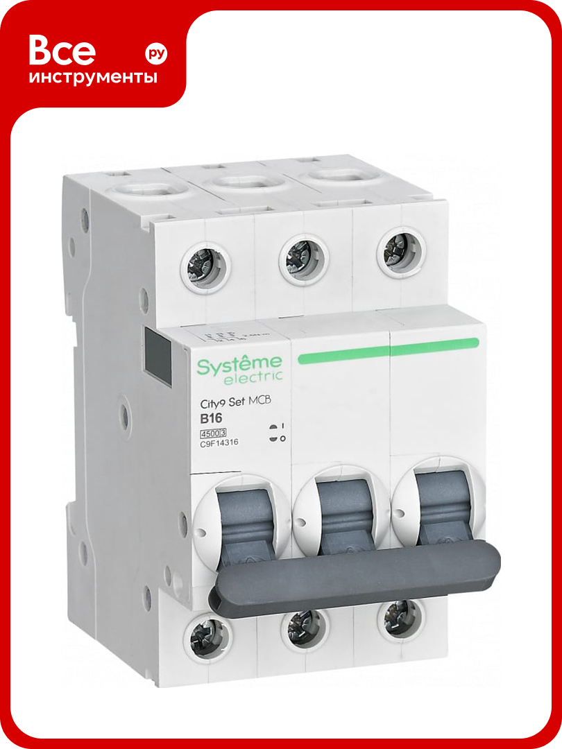 Автоматический, Systeme, выключатель Systeme Electric City9 set ав b, 16 А, 3 Р, 4.5 kА