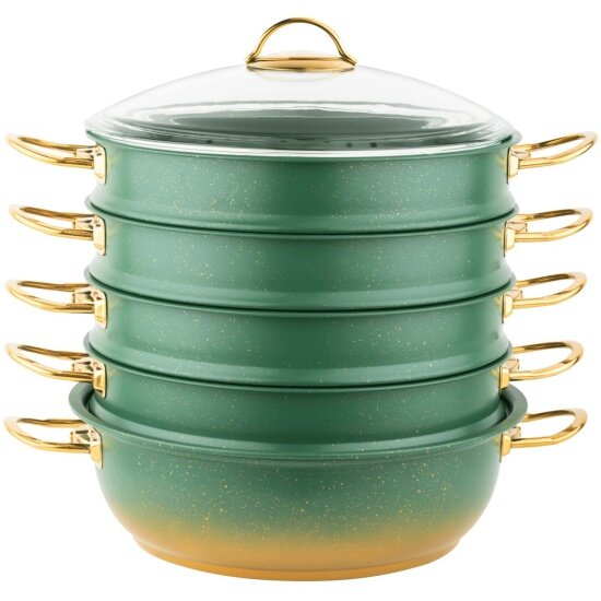 Мантоварка с крышкой стеклянной Dlk 28х10 см (5,8 л) с АПП, цвет: оливковый/золотой, арт. 4000-OLV/GD-28