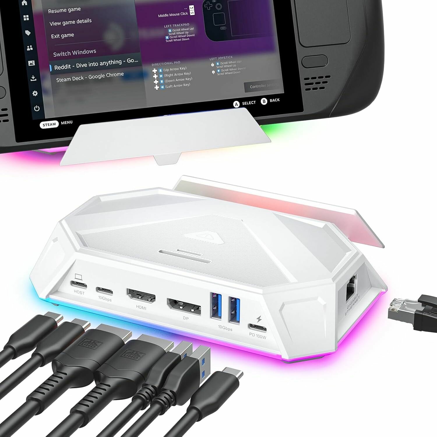 Док-станция JSAUX RGB для Steam Deck, док-станция Steam Deck 12-в-1 с 4K@120 Гц HDMI и DisplayPort Gigabit Ethernet USB-C 3.2 USB-A 3.2/2.0, слоты SD/TF 3,5 мм Jack-черный