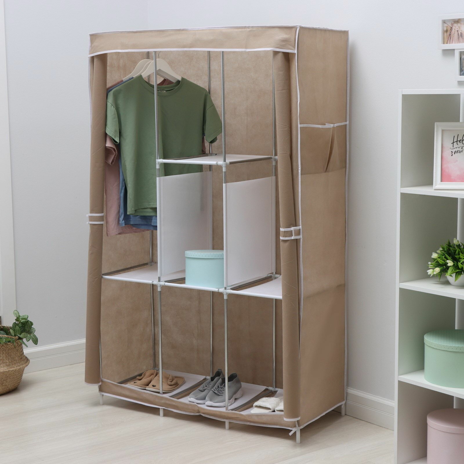 Шкаф тканевый каркасный, складной 103x45x165 см, бежевый, цвет: бежевый