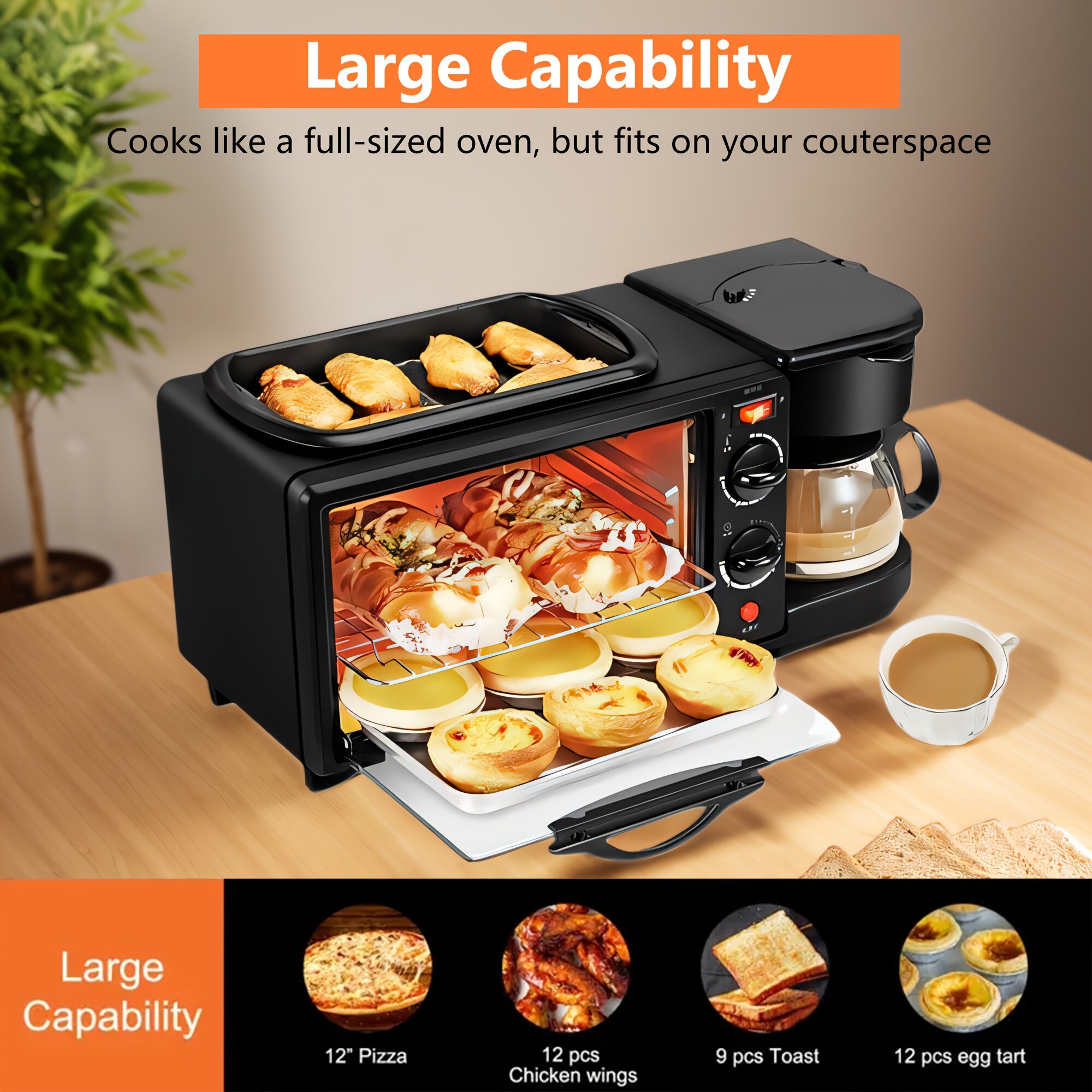 10 In 1 Desktop Convection Oven With Large Capacity Oil-free Air Fryer And Baking Integrated Oven, Non Stick Frying Pan, Coffee Extractor, Can Bake Bread, Barbecue, Dehydrate, Stainless Steel Material, Equipped With 5 Accessories