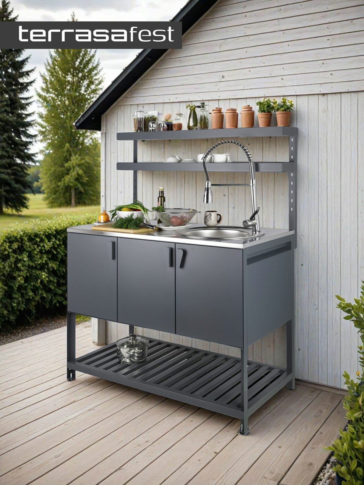 TERRASA: Набор Садовой Кухни - Мойка с Полкой - Уличная Модульная Кухня