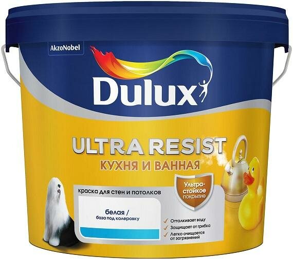 Краска Кухня и Ванная Dulux Ultra Resist 1л для Влажных Помещений, Матовая, Белая / Дюлакс Ультра Резист.