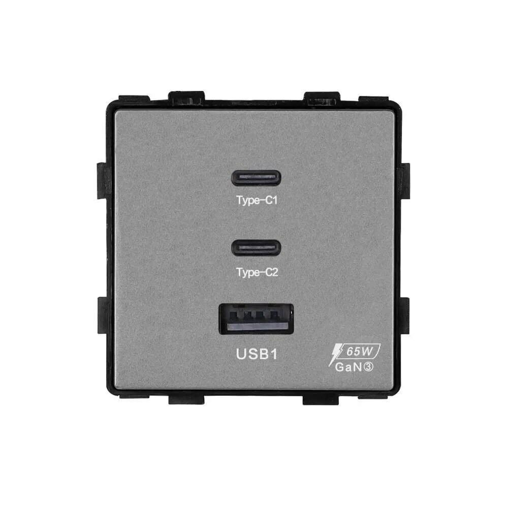 Розетка с USB и Type-C (A+C ) 65W для быстрой зарядки с заземлением и защитными шторками, без рамки / Серый