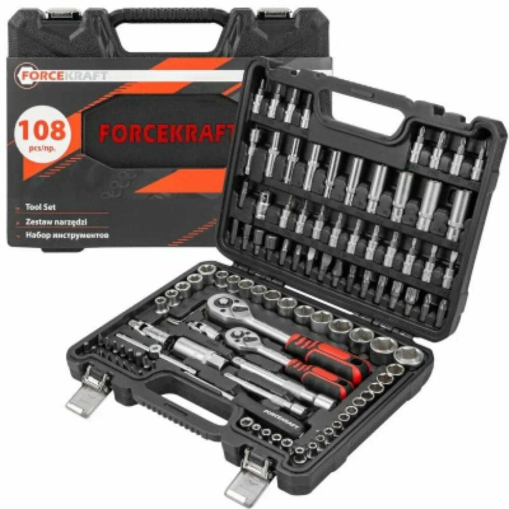 Набор инструментов Forcekraft, 1/4", 3/8", 6 гране, 4-22 мм, 108 предметов